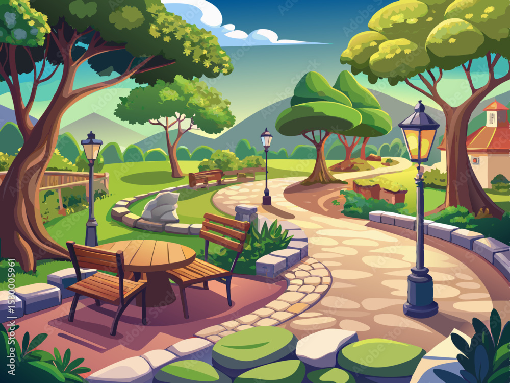 vector of A beautiful park covered with cobblestones and rest areas and ...
