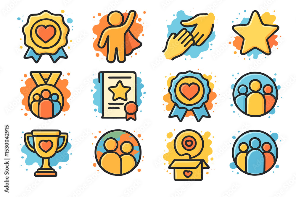 Colorful icons of awards, teamwork, and community symbols Stock Vector ...