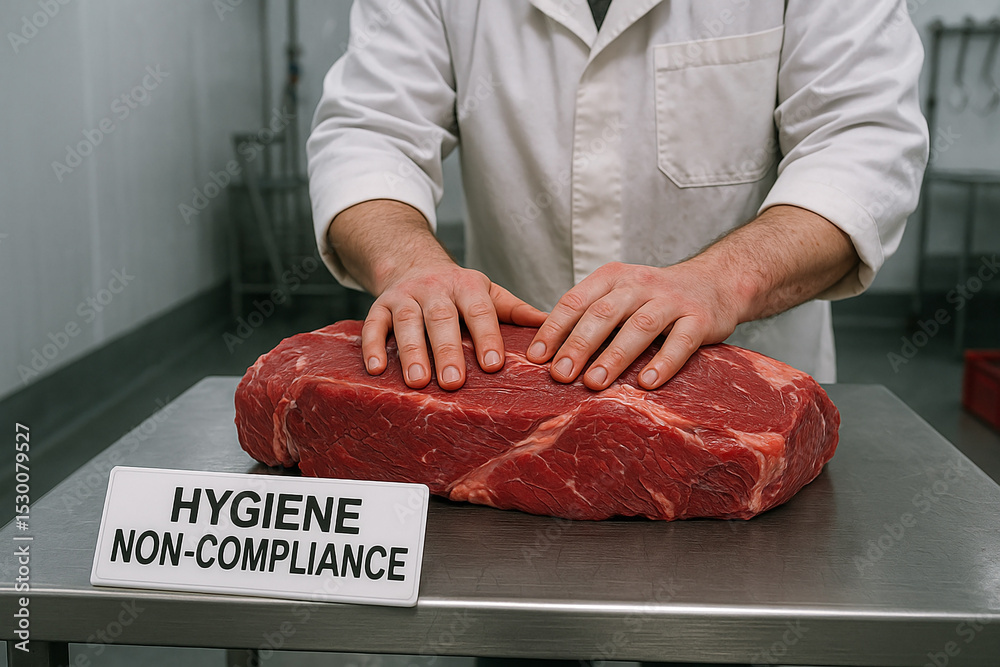 Hygiene non compliance in raw meat handling involving bare hand contact ...