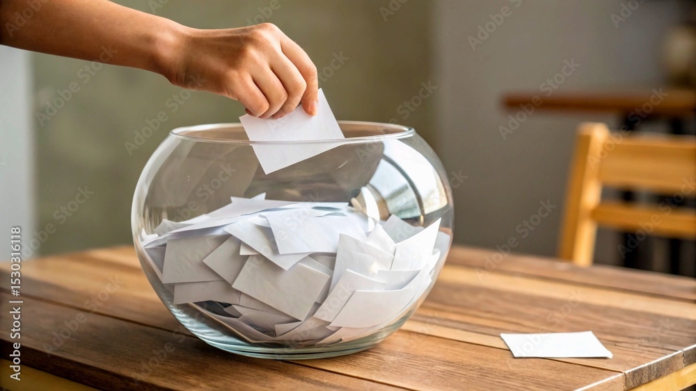 glass of water, A hand reaching into a clear glass bowl filled with ...