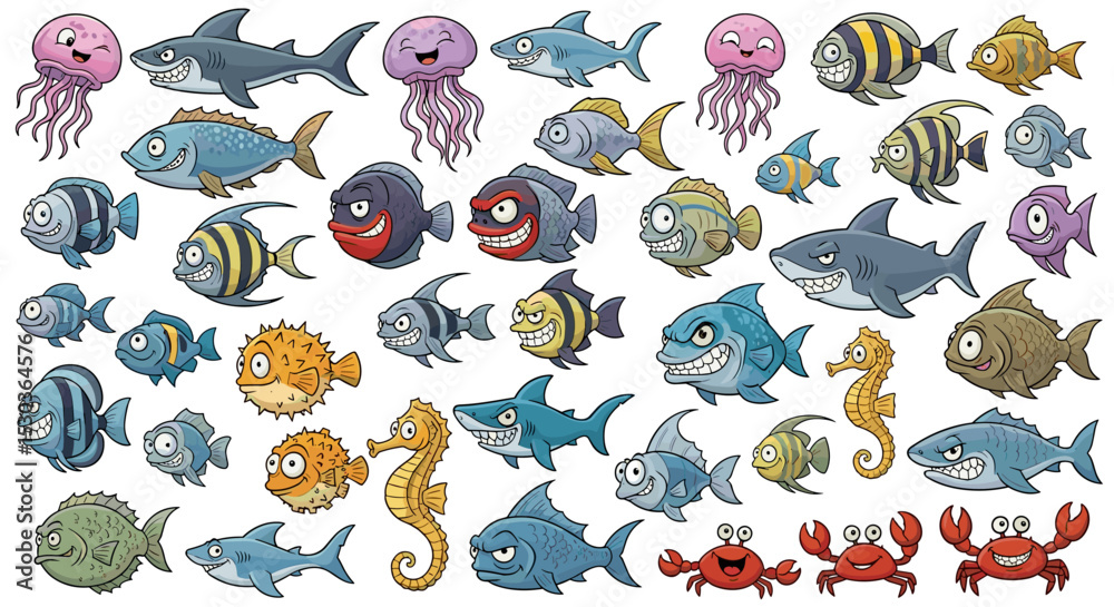Diverse Marine Life Cartoon Collection Depicting Various Fish Types and ...