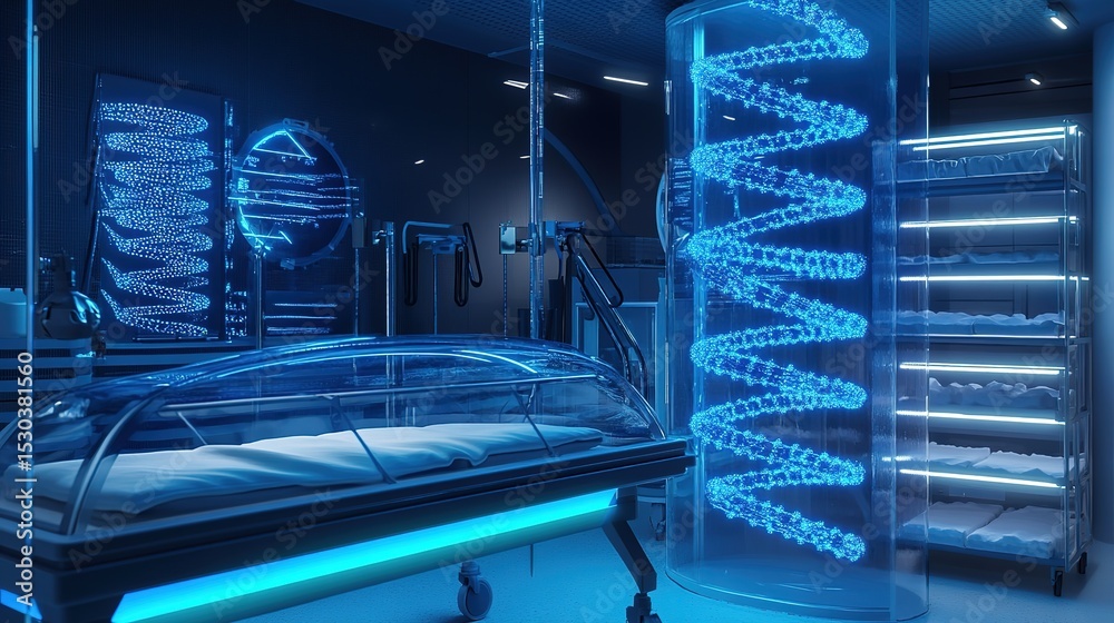 Futuristic baby gene editing laboratory with glowing incubators and ...