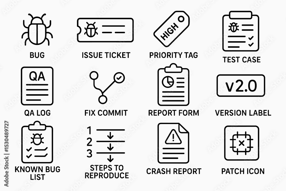 Bug tracking icons: issue ticket, priority, qa, patch, crash report ...