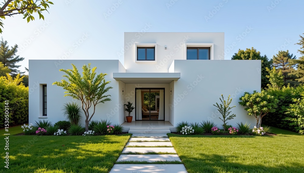 smooth white walled modern villa, partially shaded garden area with ...