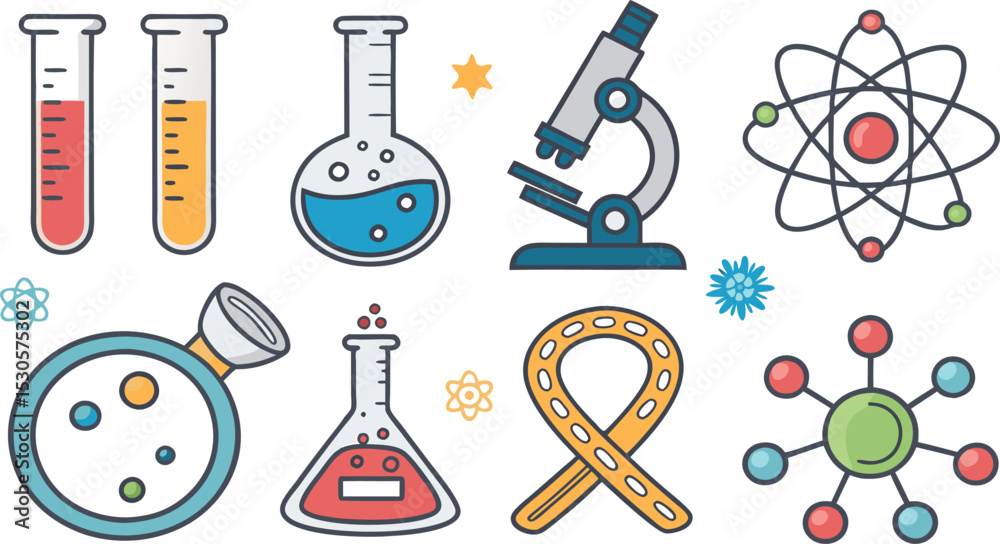 Cartoon Science Lab Icon Set Test Tube, Beaker, Microscope, DNA ...
