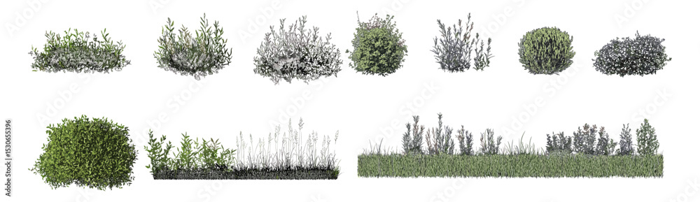 Vector illustration of shrubs set, ground cover minimal line cad ...