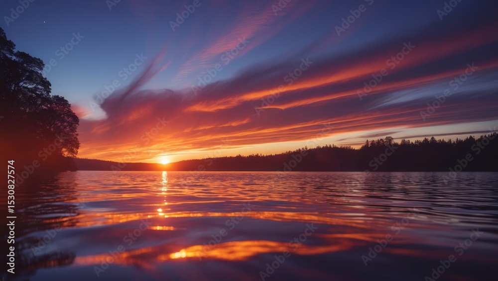 As the sun sets, its crimson rays touch the water's surface, a brief ...