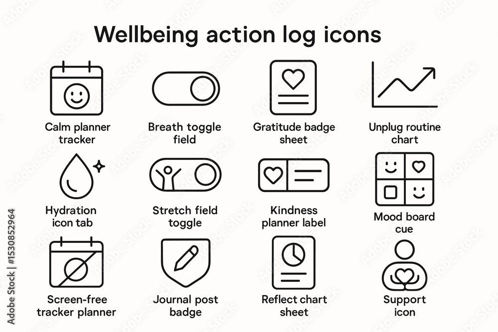 Wellbeing action log icons: planner, tracker, badge, chart, field, cue ...