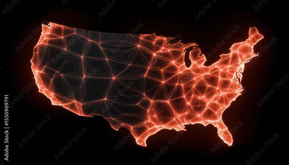Glowing network map of United States with interconnected points and ...
