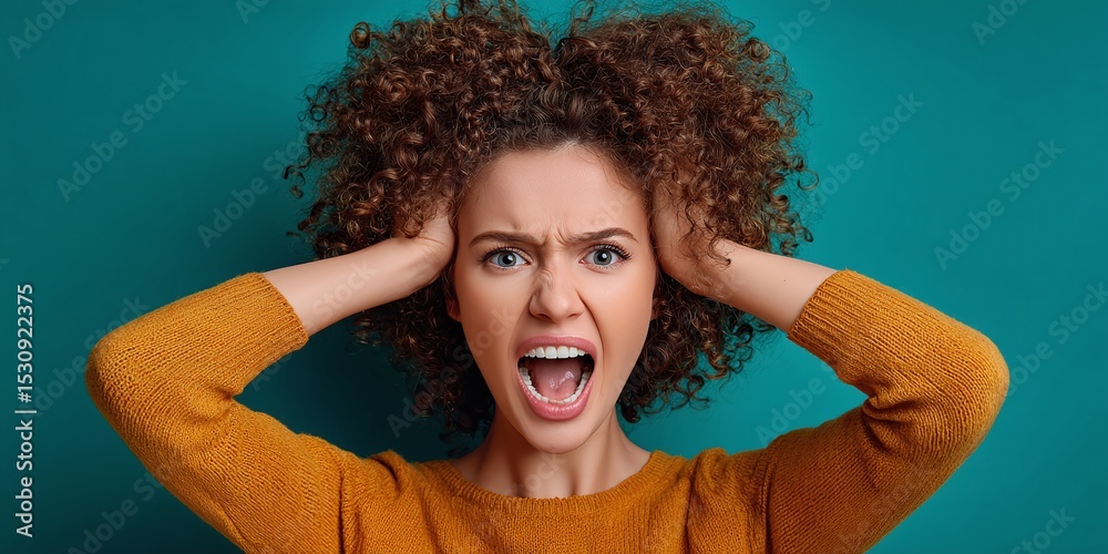 Woman screaming, pulling curly hair in apparent distress. Extreme ...