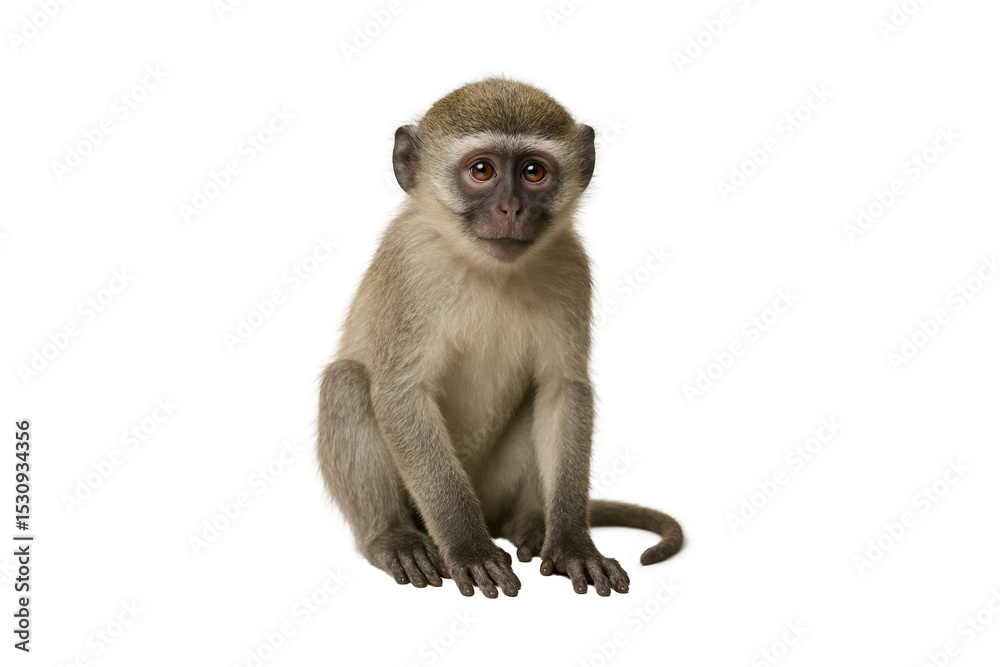 Cute young vervet monkey sitting calmly on white isolated background ...