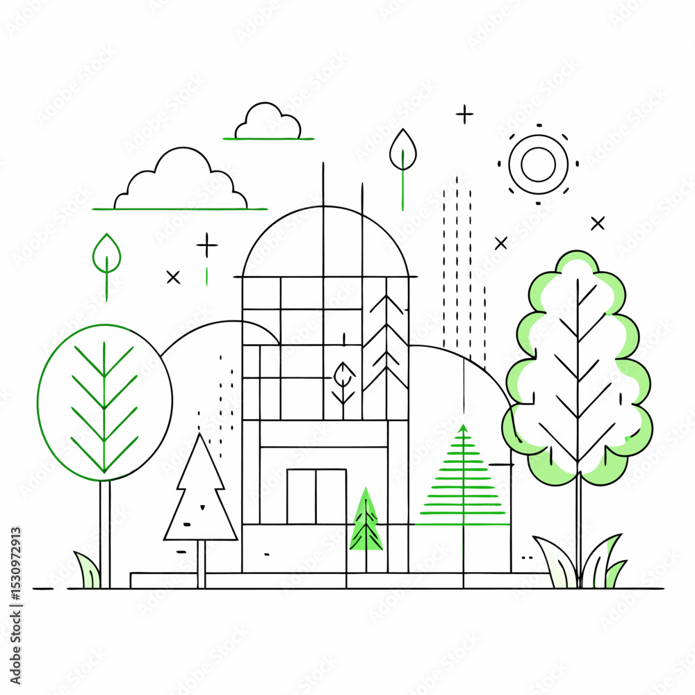 Architectural drawings in a minimal style featuring CAD tree line ...