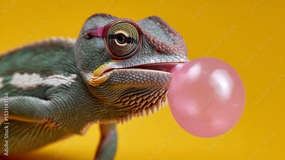 Lizard is blowing bubbles with a pink bubblegum. The lizard is wearing ...