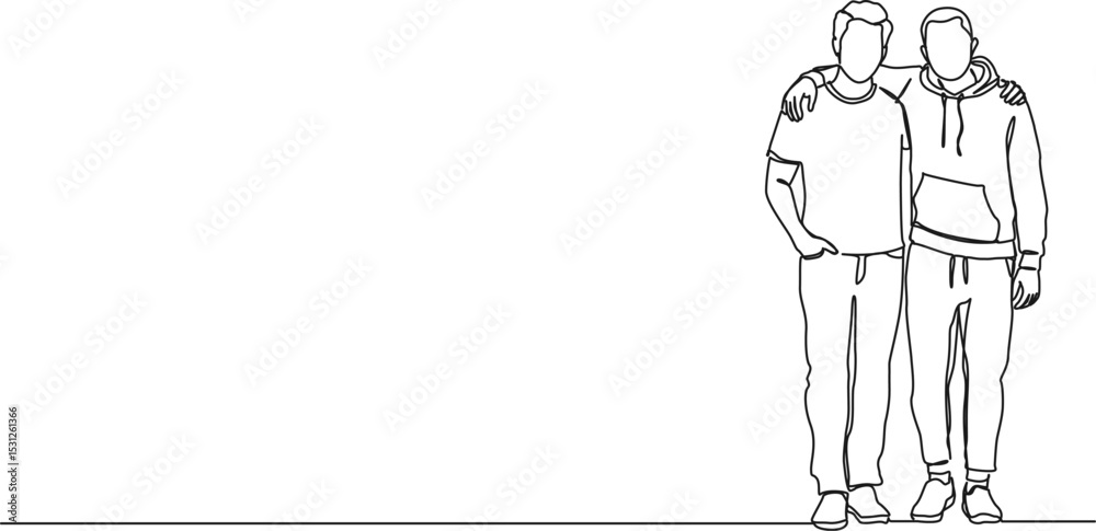 continuous single line drawing of two male friends placing arms around ...