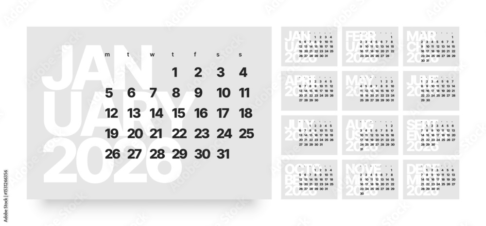 Monthly calendar layout for 2026 year. Minimalistic Diary for 2026 year ...