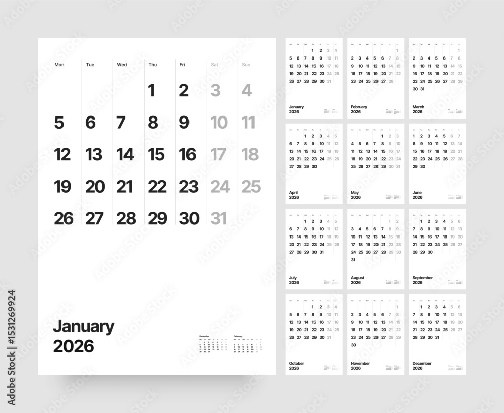 Monthly calendar layout for 2026 year. Vertical diary planner for 2026 ...