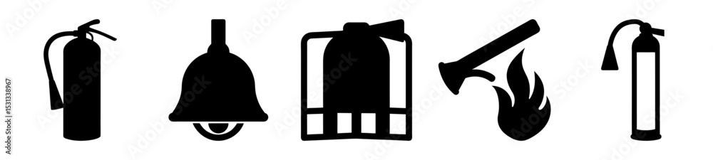 Simple graphic depiction of various firefighting equipment and fire ...
