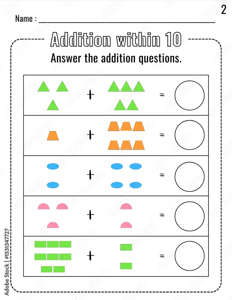 Addition Within 10 Worksheet with Colorful 2D Shapes for Kindergarten ...