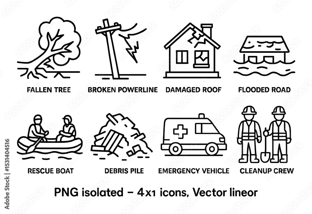 Natural disaster set. emergency, flood, rescue, cleanup linear icons ...