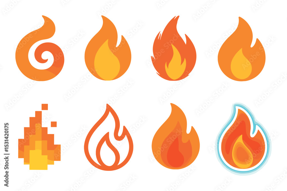 Fire icon set. flame, burn, blaze, bonfire, spark, ignite flat vector ...