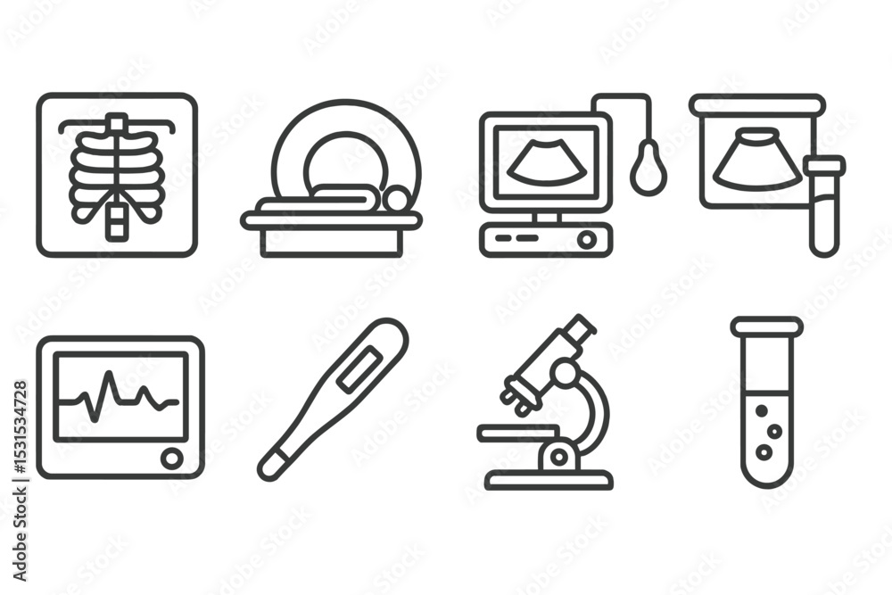 Diagnostic Icon Set. Line style icons for diagnostics: x-ray, MRI ...