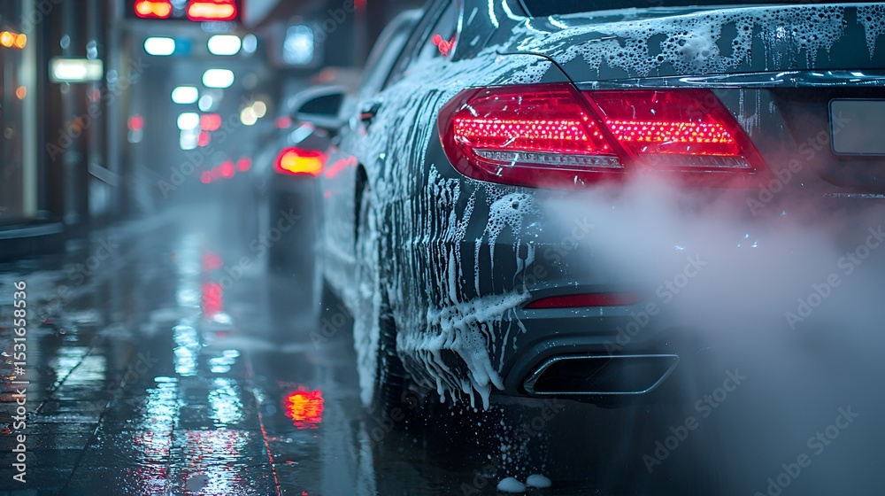 Car wash at night, soapy water, city street. Stock Illustration | Adobe ...