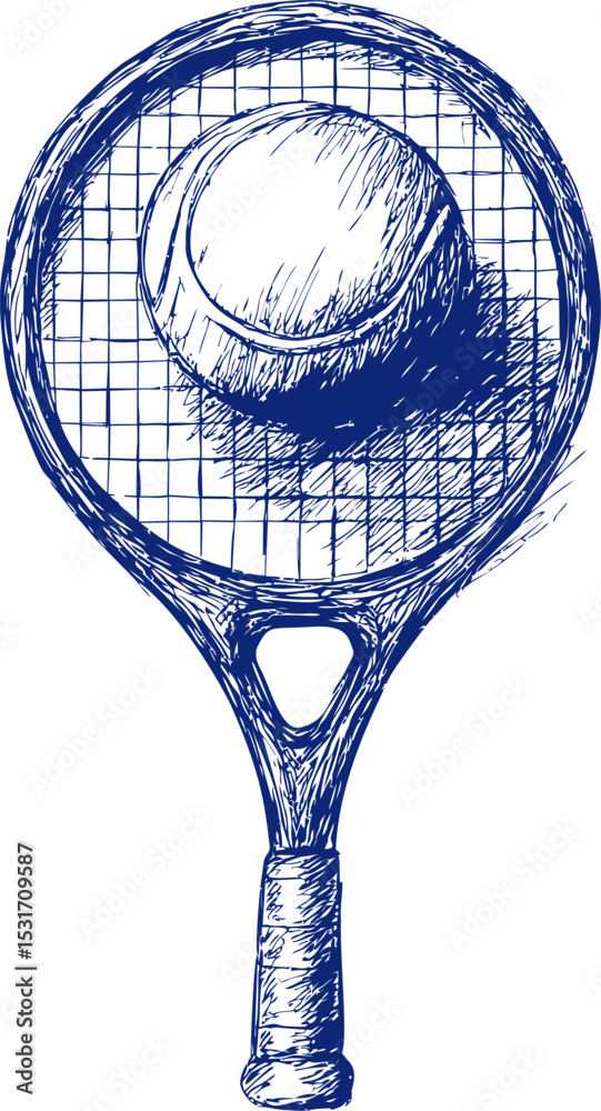 Blue pen sketch of tennis racket and ball with shadows, hand-drawn ...