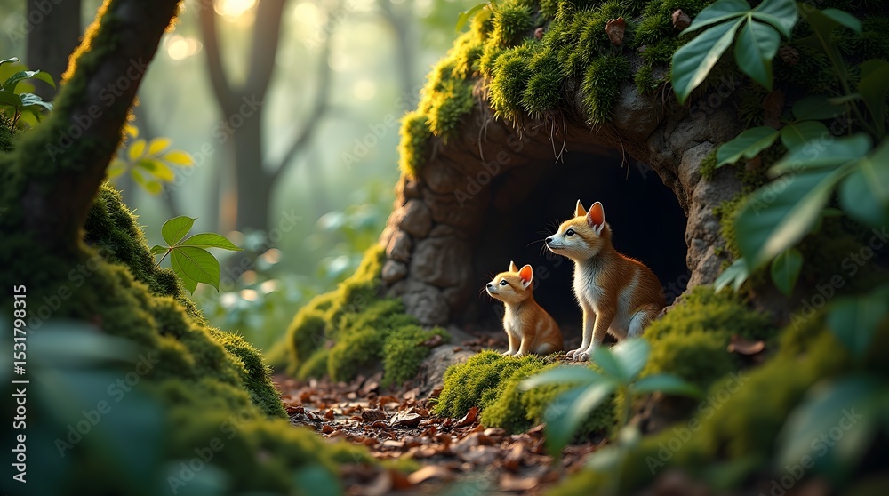 Charming image of two foxes in a mossy den, perfect for nature ...