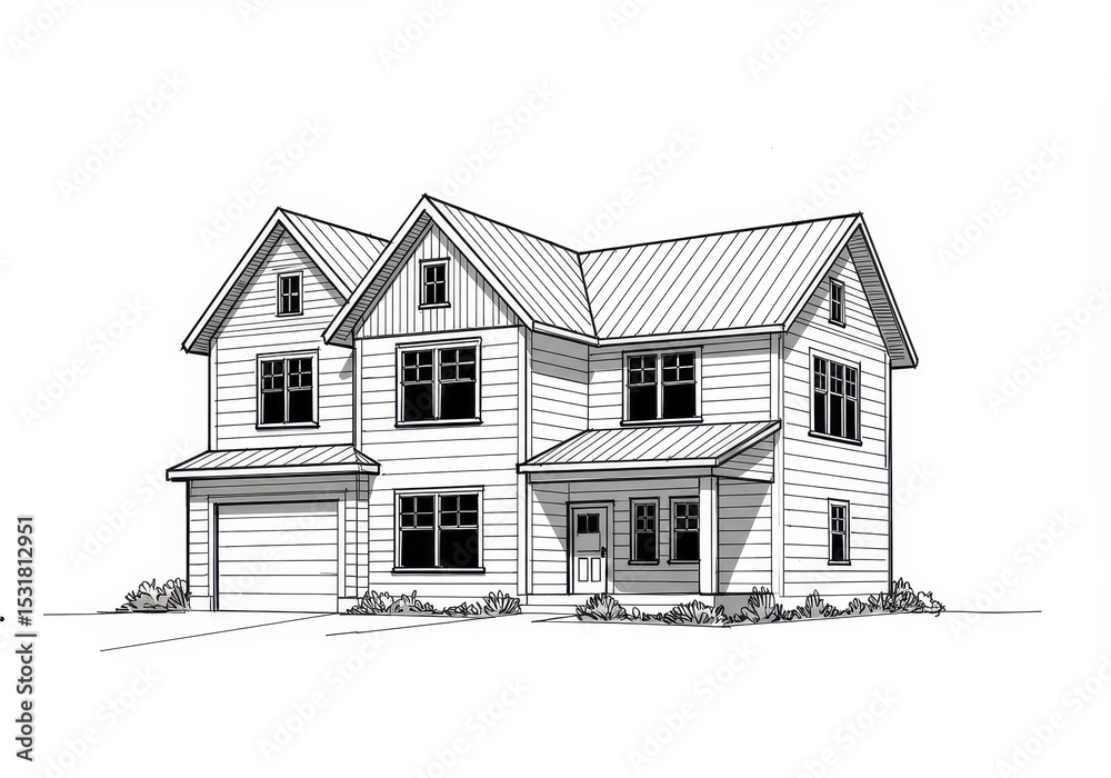 A two story house drawing shows a modern farmhouse design with a gabled roof and attached garage ...
