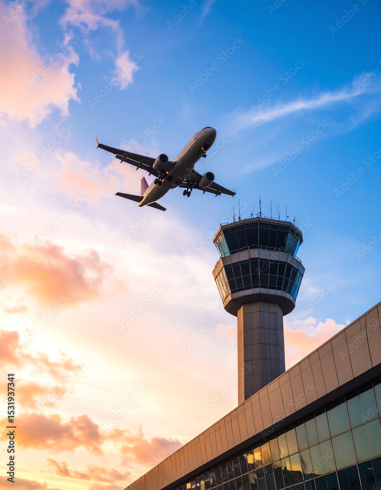 An airplane flies over an airport control tower at sunset, with vibrant ...