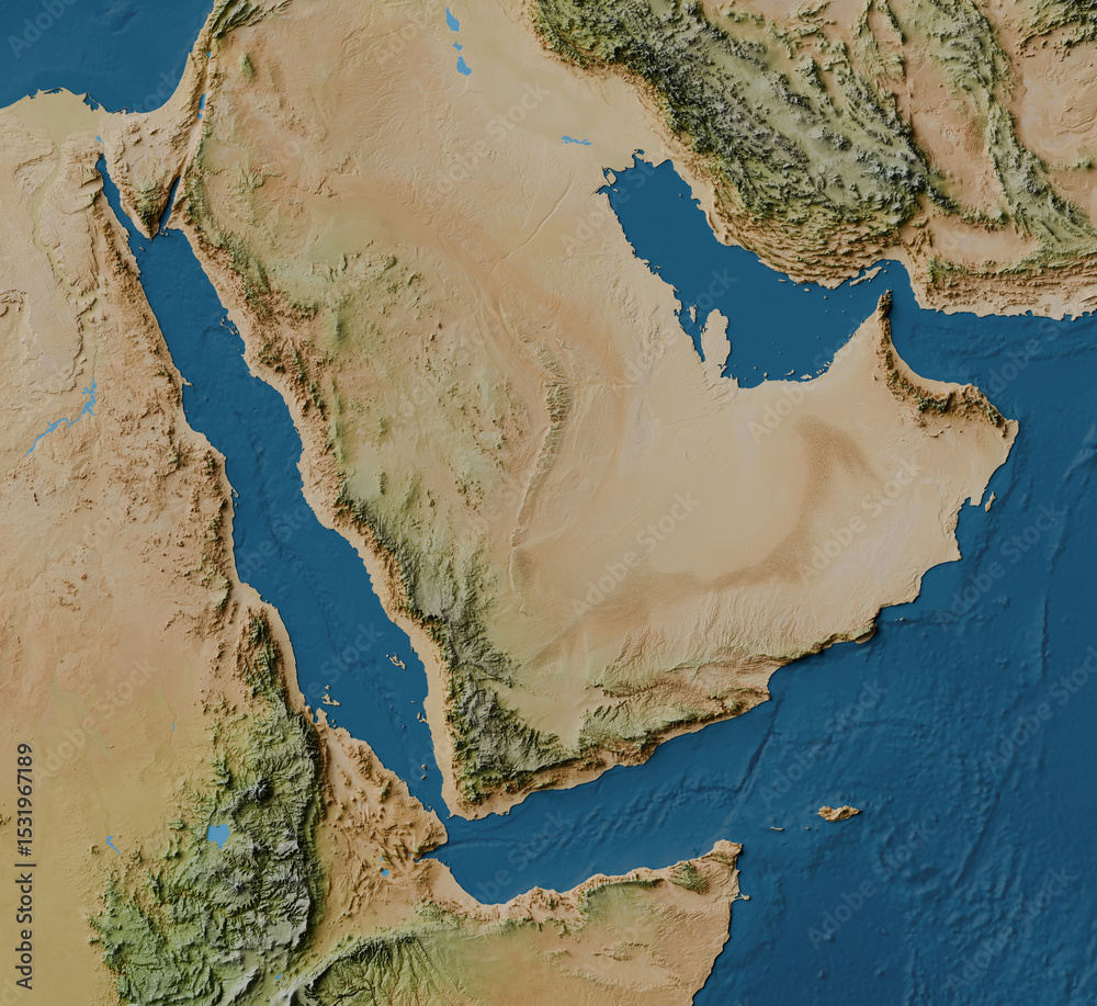 Ilustrace Arabian Peninsula map of land and ocean floor terrain with ...