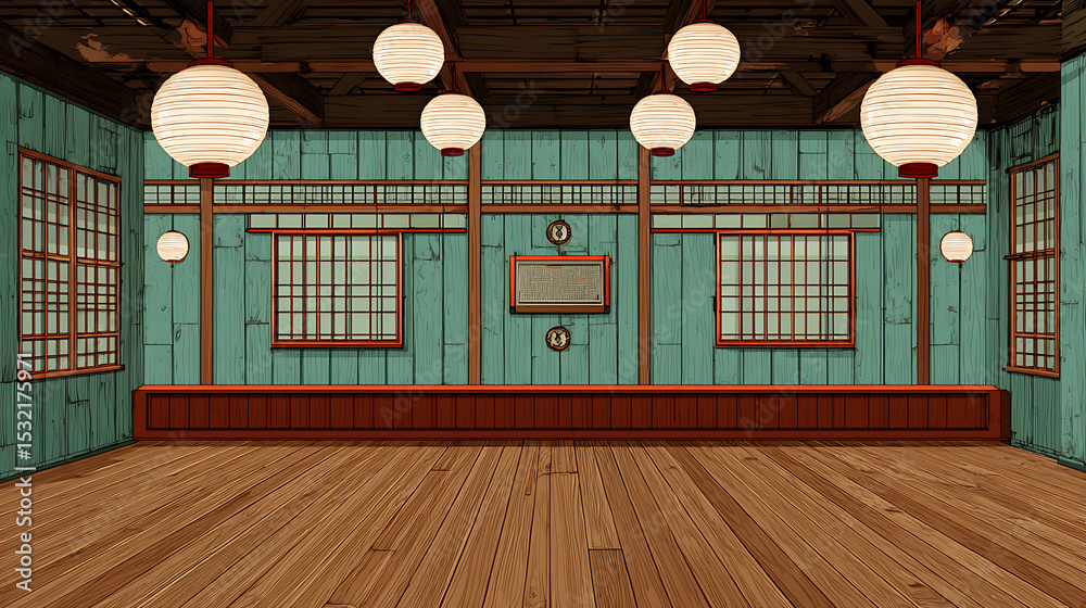 Japanese style dojo interior design wallpaper Stock Illustration ...