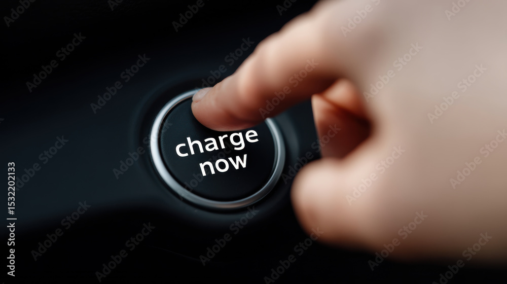 Foto de Stock Person pressing button labeled charge now on electric vehicle charging station ...