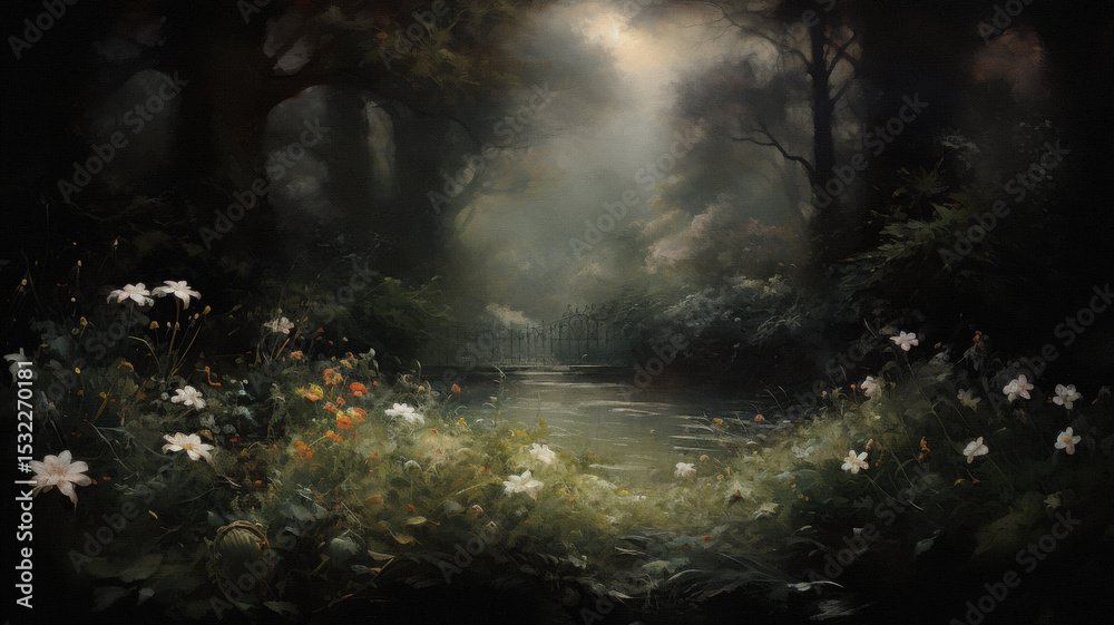 Moody oil painting of a Victorian garden. Muted colors, decorative ...