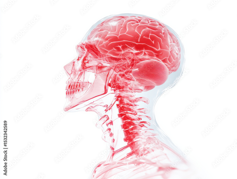 Transparent red human skull and brain anatomy with cervical spine ...