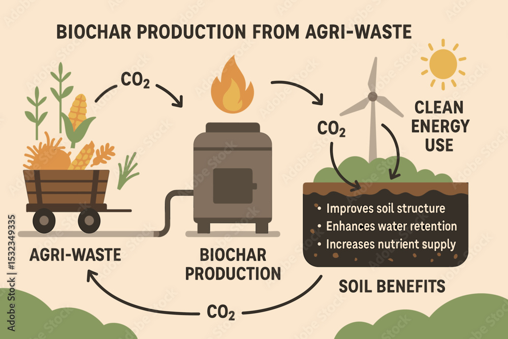Biochar Production Cycle. Vector illustration of biochar production ...