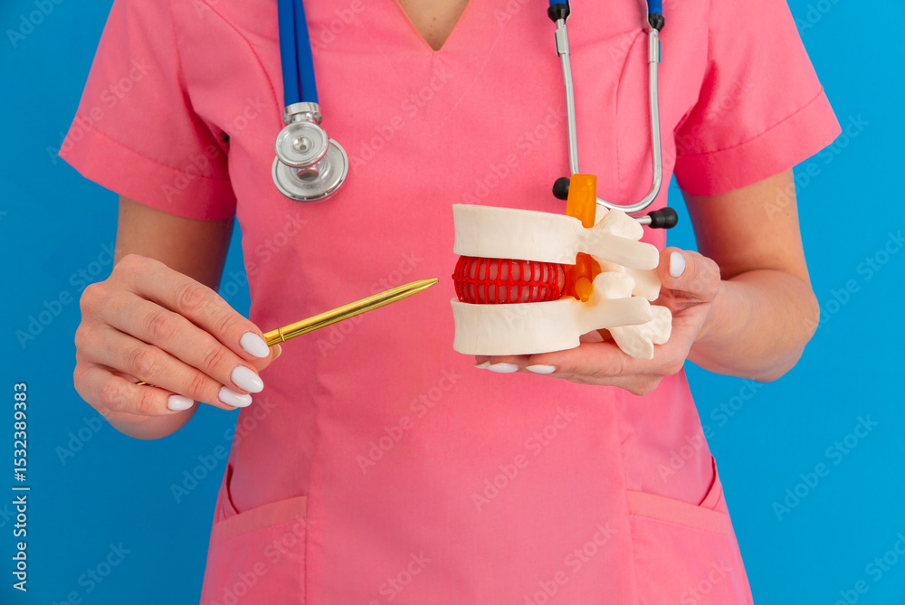 Foto de Stock Anatomical lumbar disc herniation model in doctor hand ...