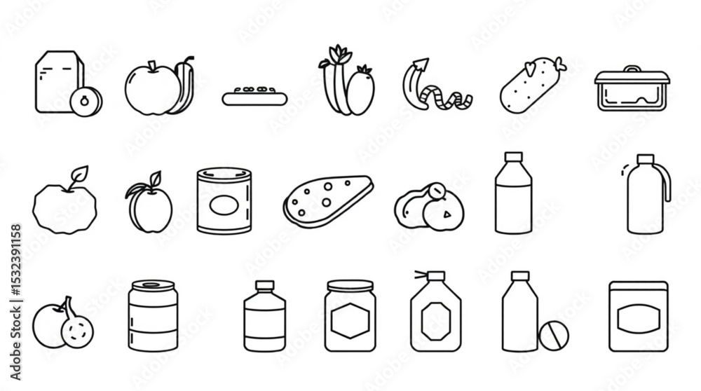 Outline drawing of diverse food items including fruits vegetables and ...