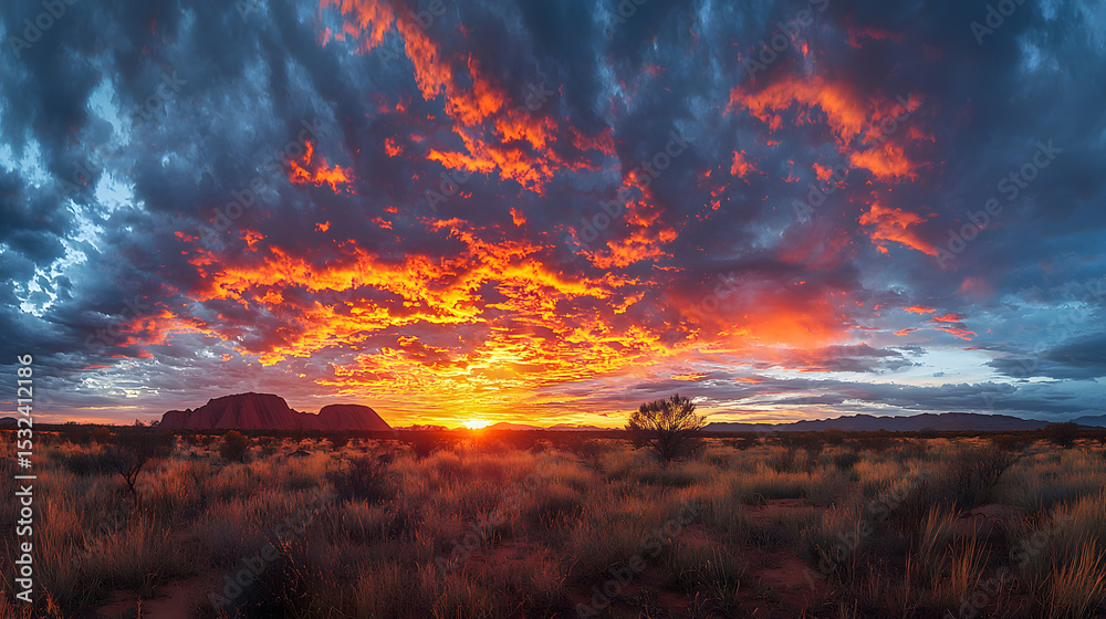 Amazing dramatic colorful sunset sky over Ayers Rock in Uluru-Kata ...