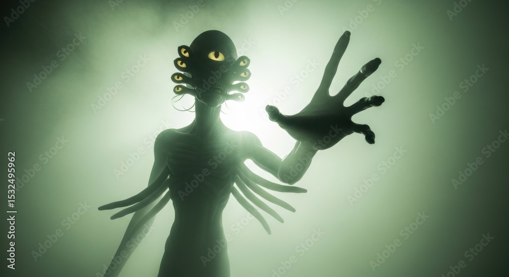 Scary alien creature with multiple eyes and tentacles emerging from ...