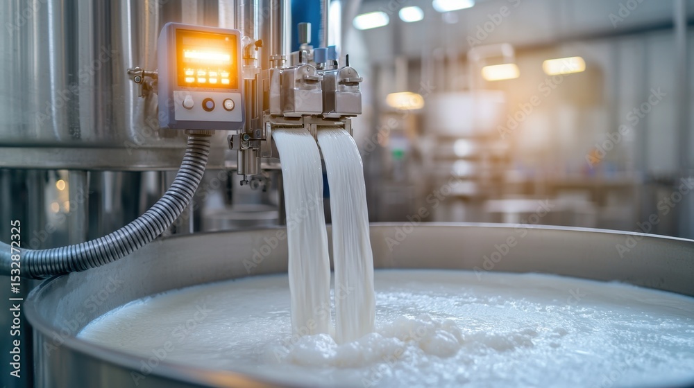 Dairy Filling Station with Thick Hoses and Tank Processing Milk at ...