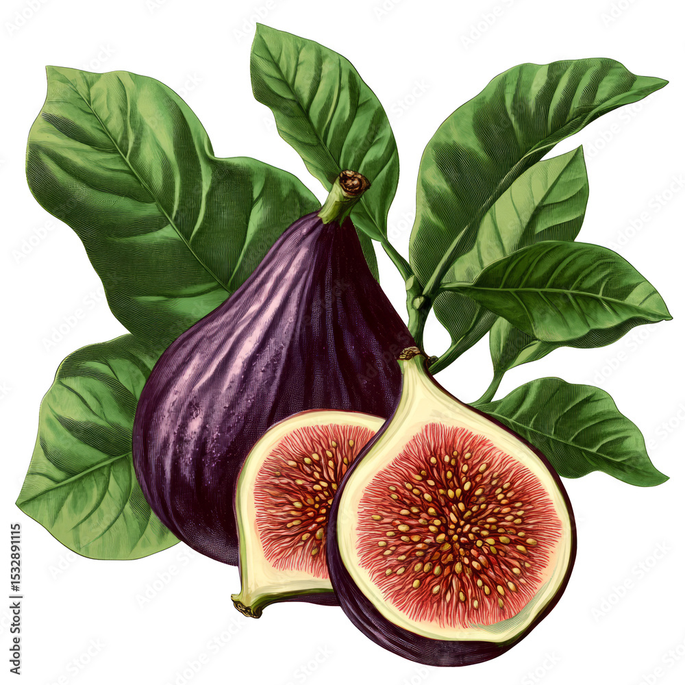 Vintage botanical drawing of fig fruit and sliced fig with green leaves ...