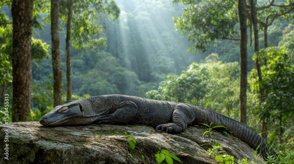 Monitor lizard full body, side view, in a sleeping position on a large ...