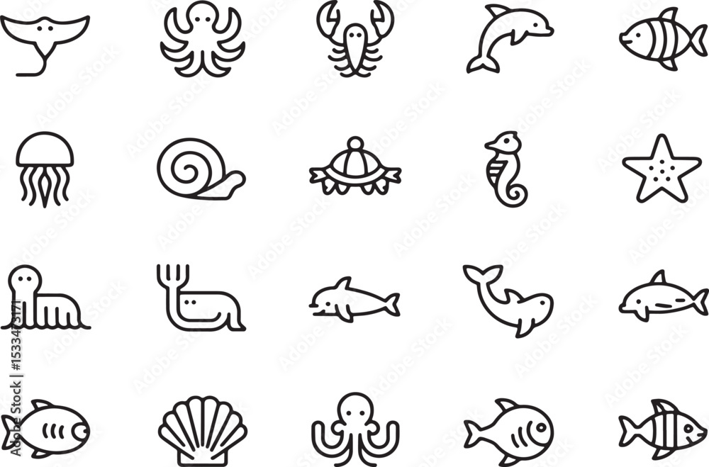 Ocean Life A Collection of Line Art Icons Stock Vector | Adobe Stock