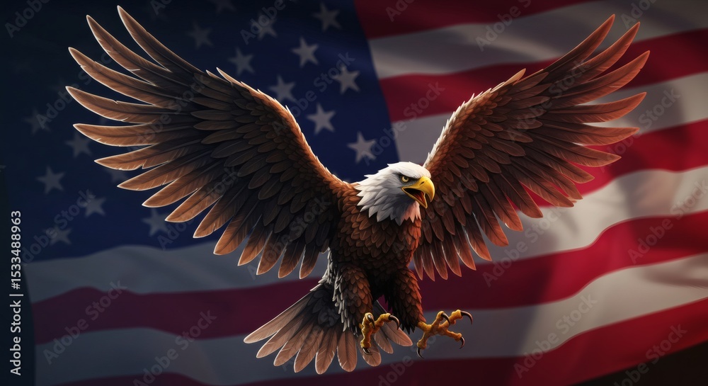 Stylized American eagle captured in a high-energy pose, talons ready ...