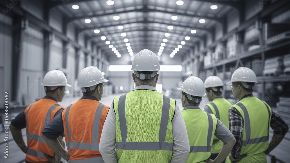 Dedicated construction worker team observing industrial warehouse ...