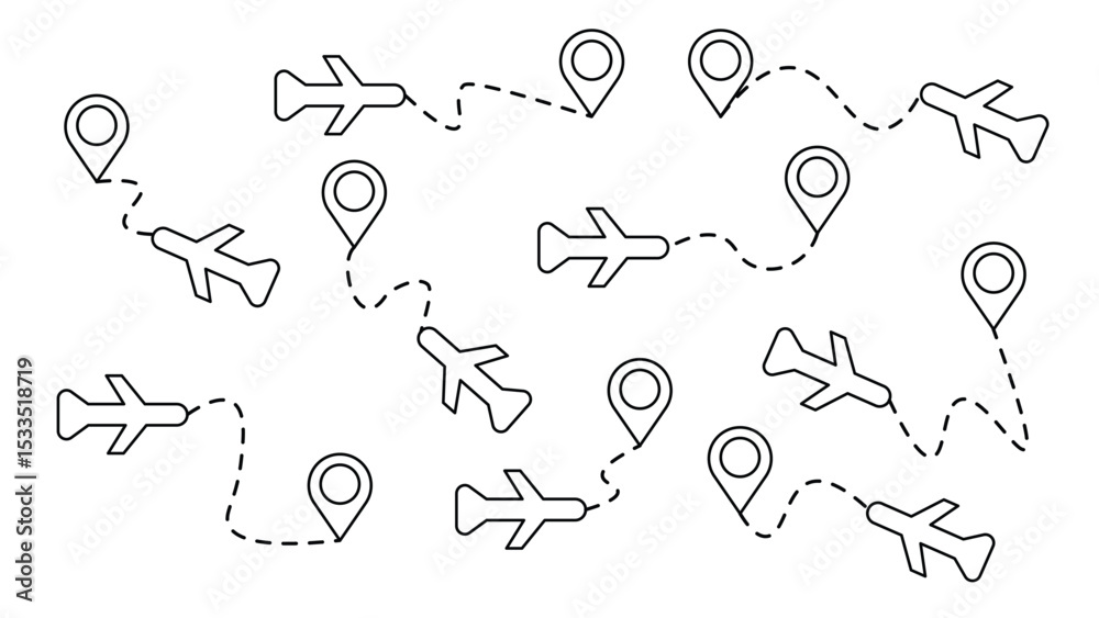 Airplane Plane routes line set. Planes dotted flight pathway. Plane ...