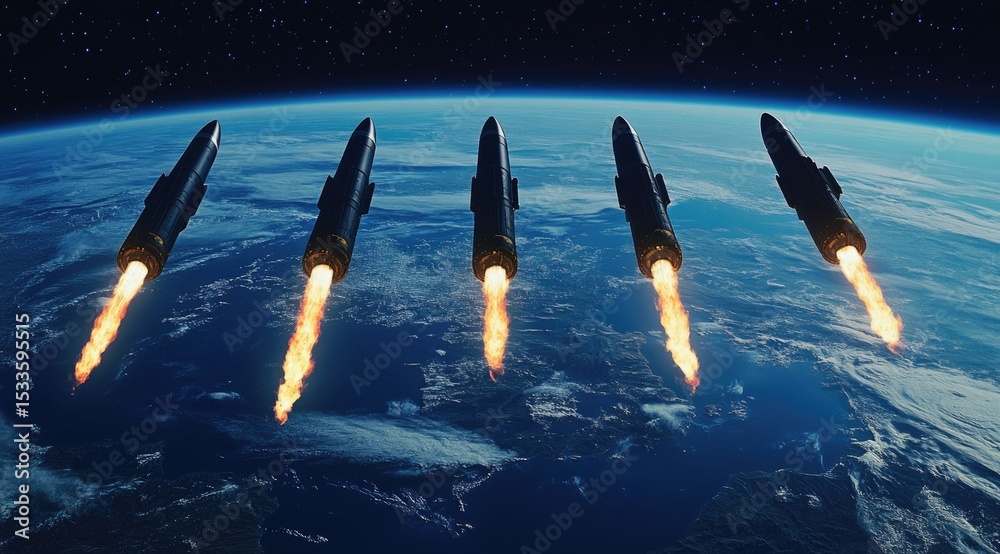 Foto de Stock Multiple ballistic missiles launch from orbit, targeting ...