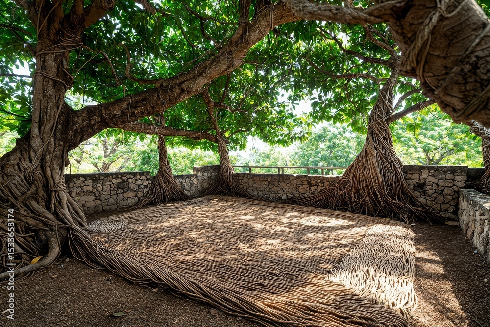 Ancient Banyan Tree with Aerial Roots and Rope Texture Contrast ...