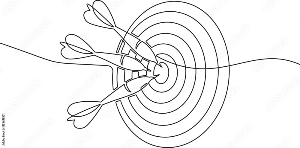 One line drawing of dart hitting target board. Minimalist continuous ...
